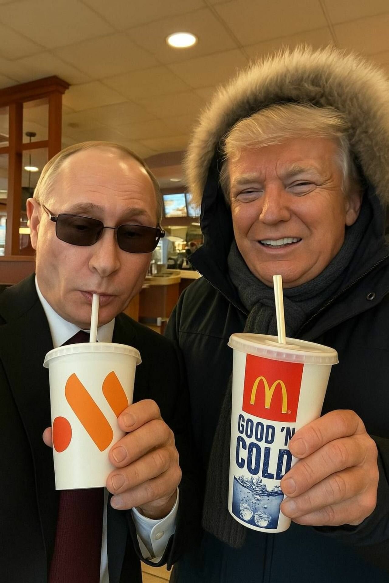 Декоративная картина по металлу "Путин и Трамп вместе пьют кока-колу", 20х30 см