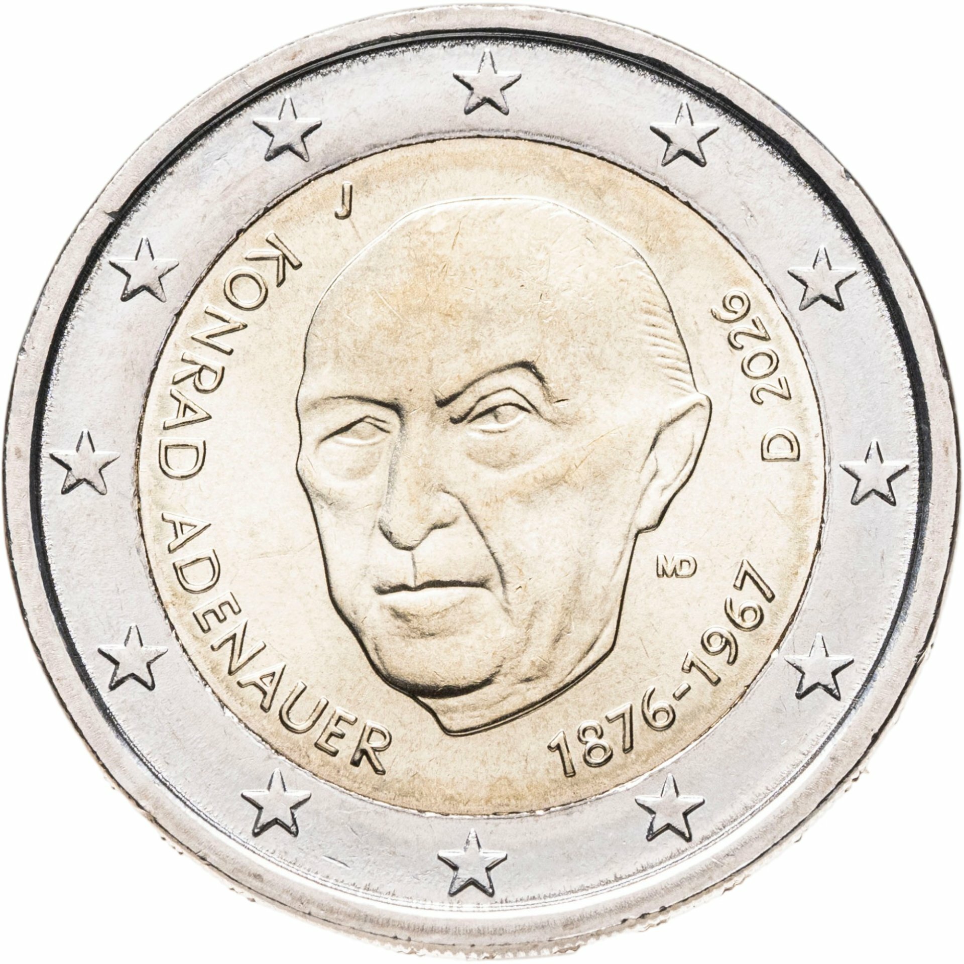 Германия 2 евро 2026 "Конрад Аденауэр" Двор J, Биметалл, в сохранности UNC