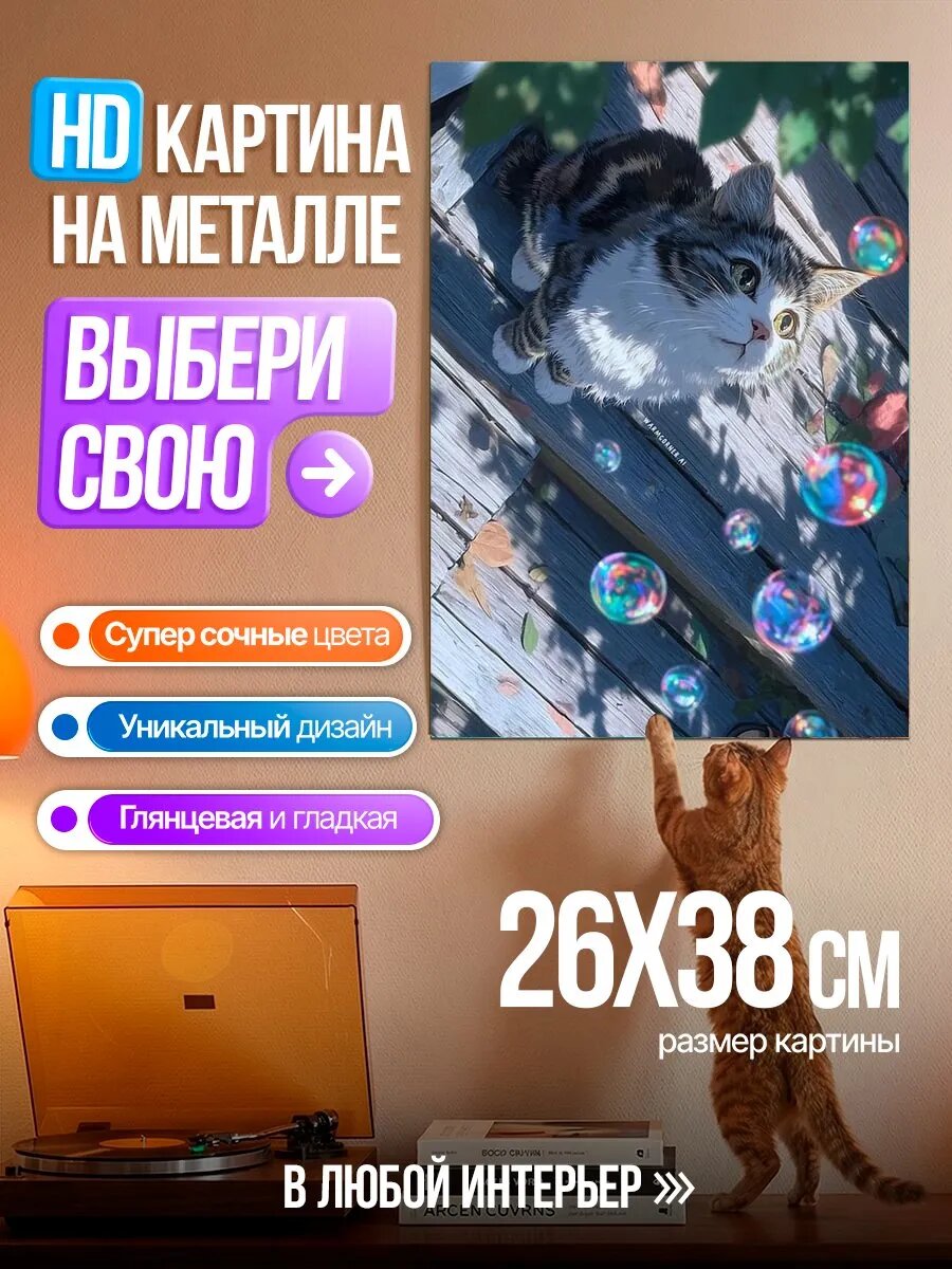 Картина на HD металле Кот и мыльные пузыри
