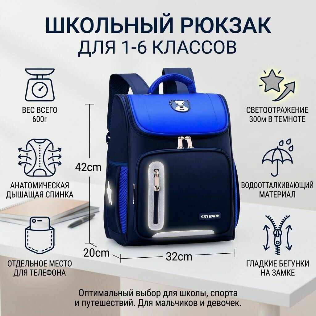 Рюкзак школьный для мальчика Ранец ортопедический для начальной школы 1-6 класс со светоотражателями, синий