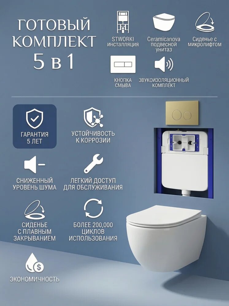 Комплект 5 в 1: Инсталляция STWORKI Хельсинки S33500GM / Унитаз подвесной Ceramicanova Мия (Mia) CN1805 / Сиденье с микролифтом, Комплект шумоизоляции, Кнопка матовое золото
