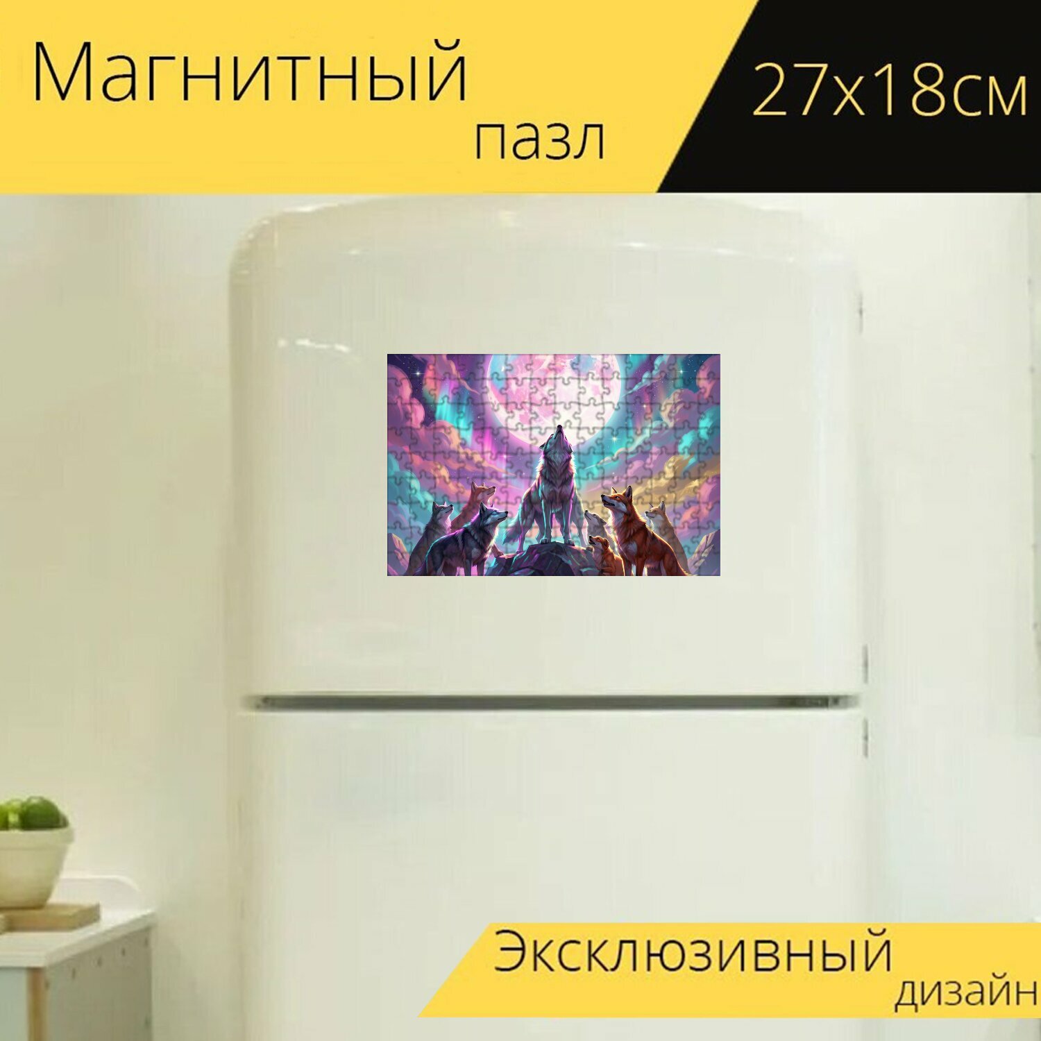 Магнитный пазл "Волки под сияющей луной. Стая хищников на каменистых уступах под огромным светящимся небесным диском, неоновое северное сияние." на холодильник 27 x 18 см.