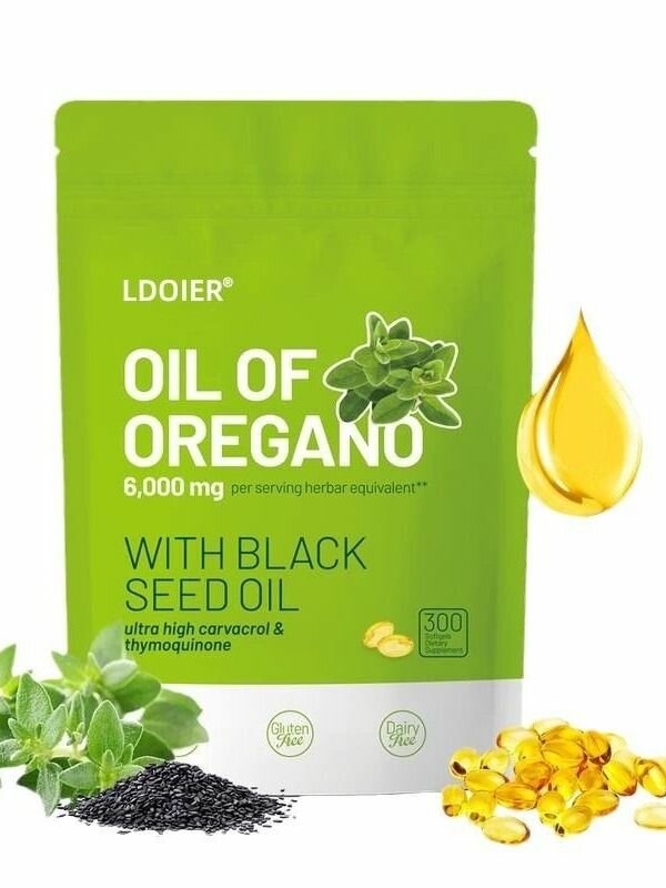Масло орегано с черным тмином 2-в-1 Органические капсулы 6000 мг на порцию 300 софтгелей 4X сила карвакрола и тимохинона Без ГМО, без глютена Поддержка иммунитета