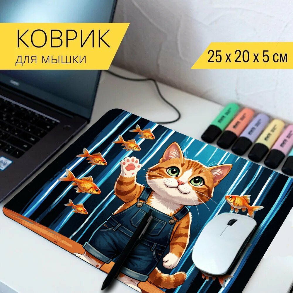 Коврик для мыши с принтом "Рыжий кот с рыбками. Милый мультяшный пушистый зверёк в джинсовом комбинезоне стоит на фоне тёмно-синего леса и окружён золотыми рыбками. Яркая." 25x20см.