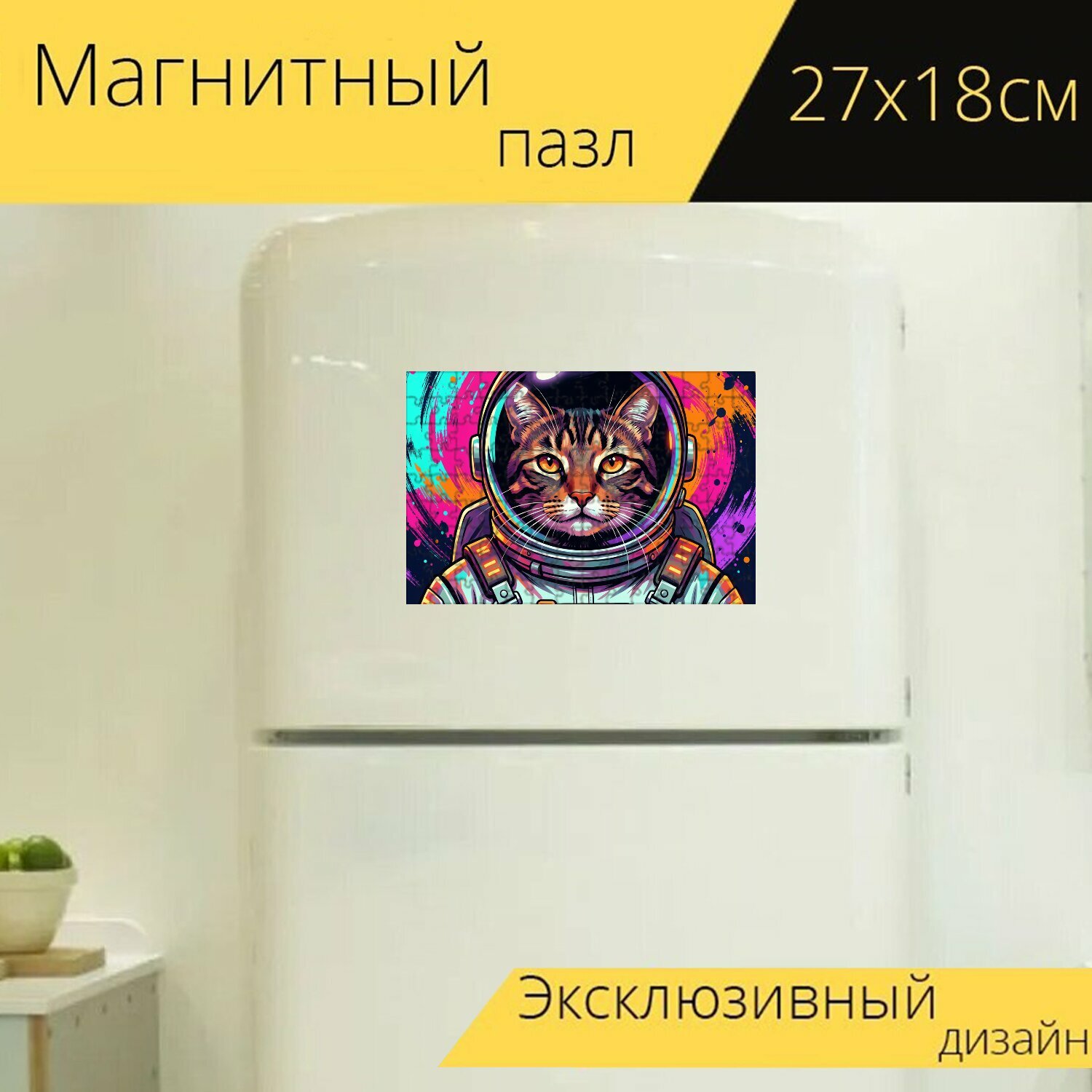 Магнитный пазл "Кот астронавт в шлеме. Яркий полосатый питомец в космическом скафандре на фоне неоновых мазков и абстрактных всплесков. Поп-арт." на холодильник 27 x 18 см.