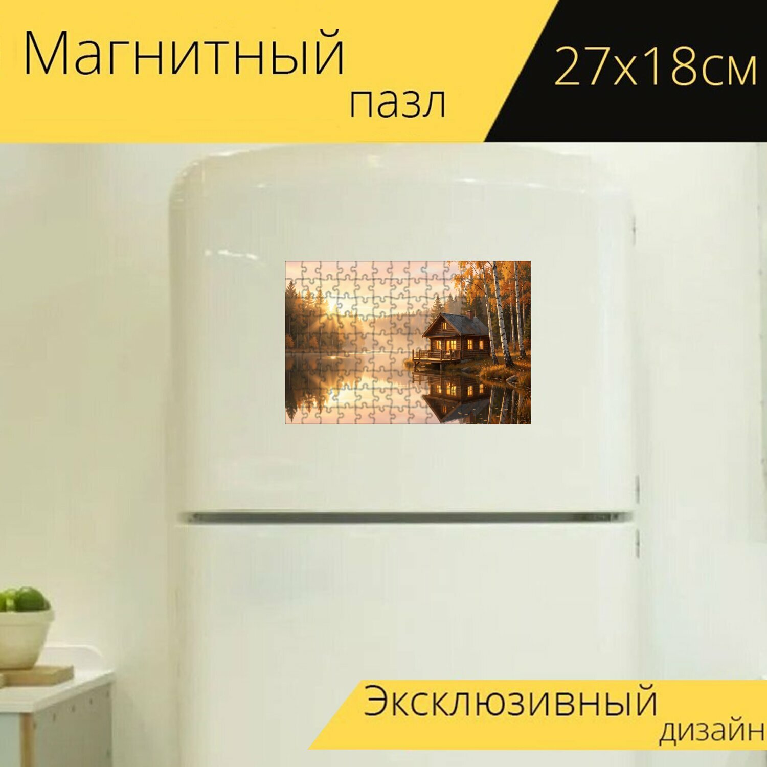 Магнитный пазл "Лесной домик у озера. Уютная деревянная избушка на берегу спокойного водоема, осенние березы и хвойный лес в лучах рассвета. Цифровая." на холодильник 27 x 18 см.