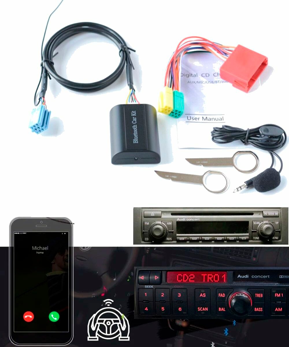 Bluetooth адаптер для Audi c магнитолами Chorus Concert Symphony 1999-2006гг c микрофоном в корпусе (поддержка переключения треков)