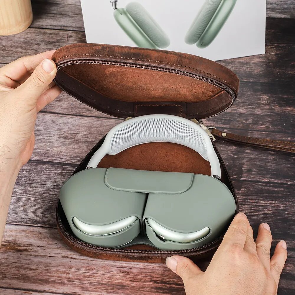 Сумка Чехол Кейс для полноразмерных наушников Airpods Max, натуральная кожа, цвет кофе