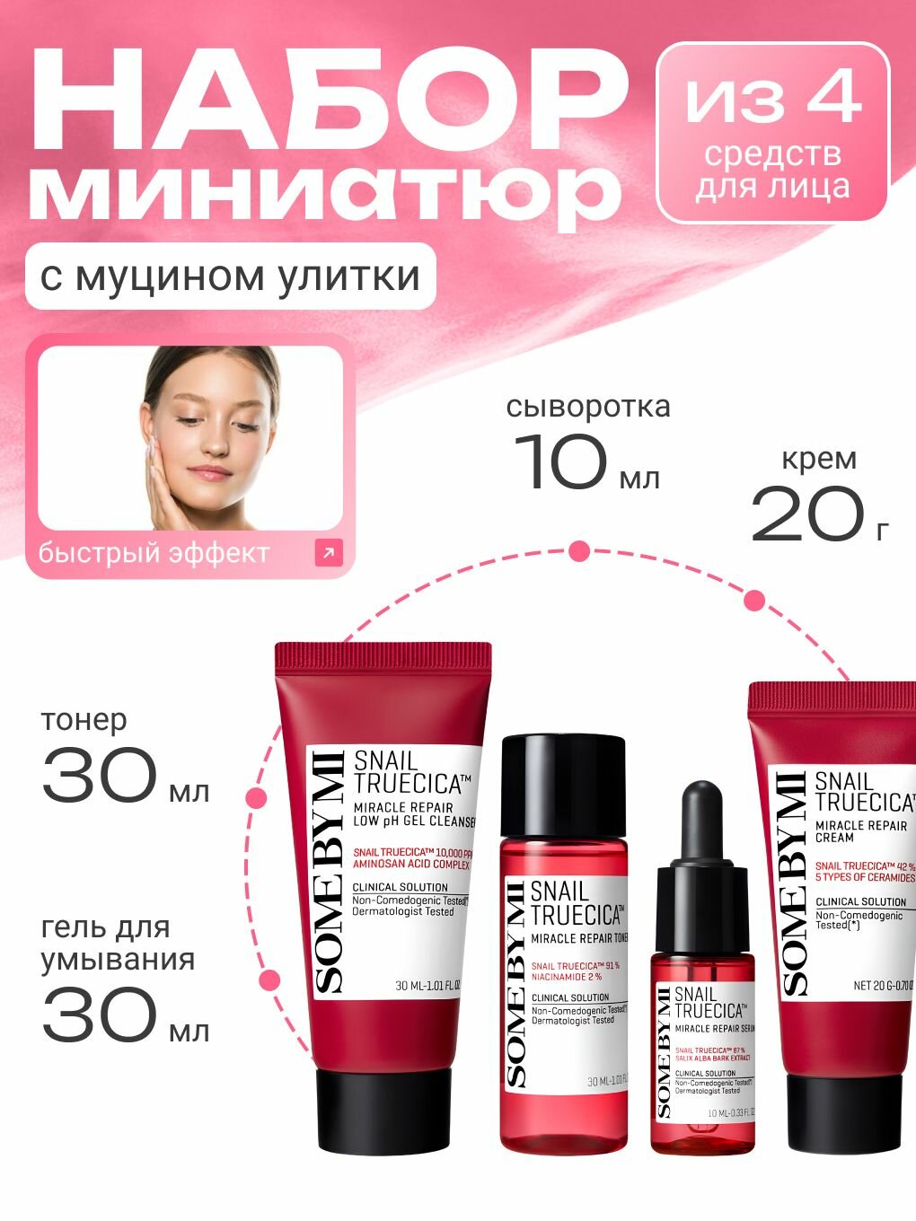 SOME BY MI Snail Truecica Miracle Repair Starter Kit - Дорожный набор косметики: тонер, сыворотка, крем для лица, очищающий гель