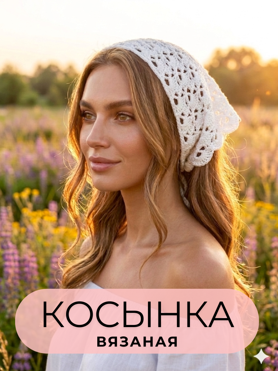 Косынка бандана летняя кружевная ажурная вязаная на голову летний головной убор