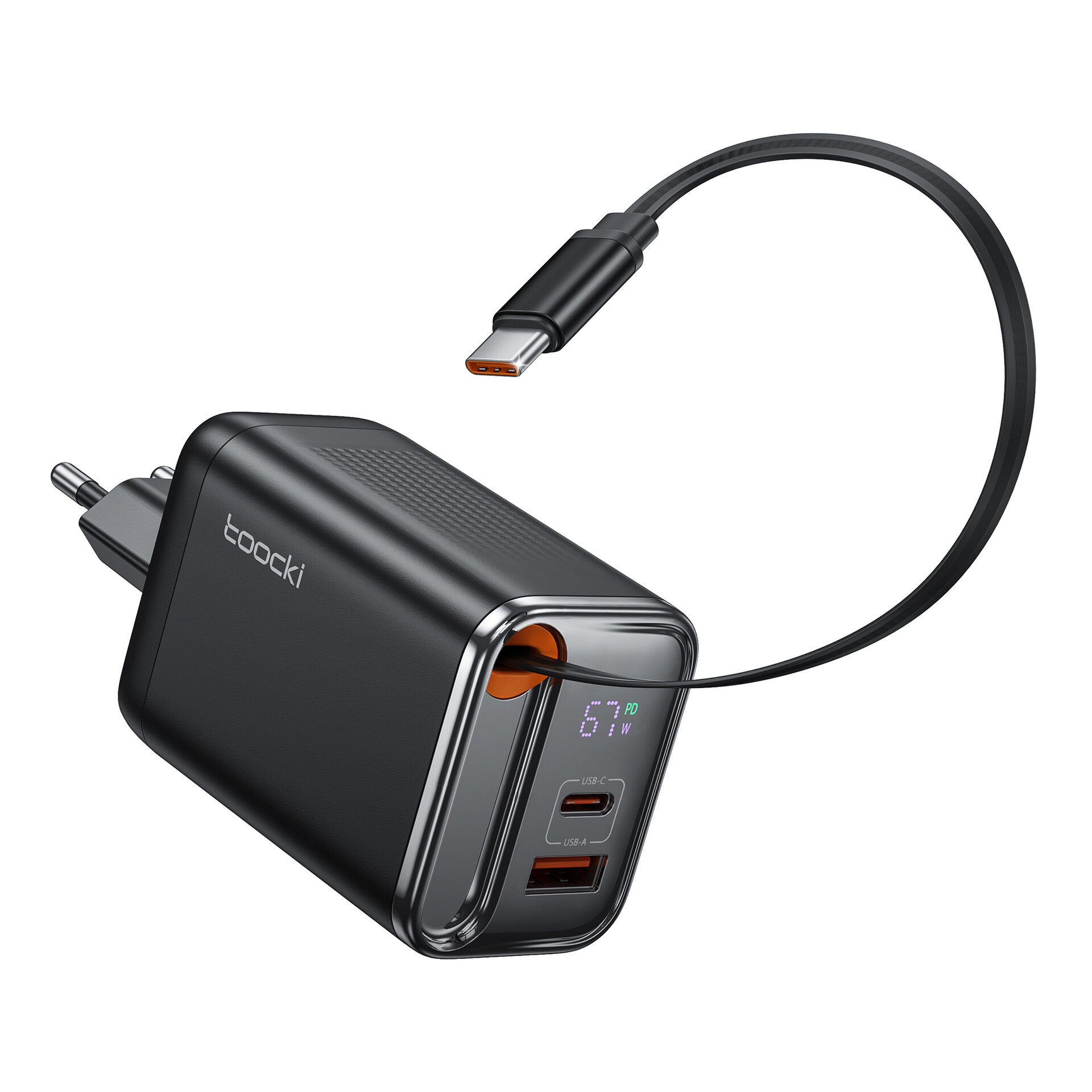 Зарядное устройство Toocki 67W GaN со встроенным выдвижным кабелем Type-C, 3-в-1, быстрая зарядка, PD, дисплей