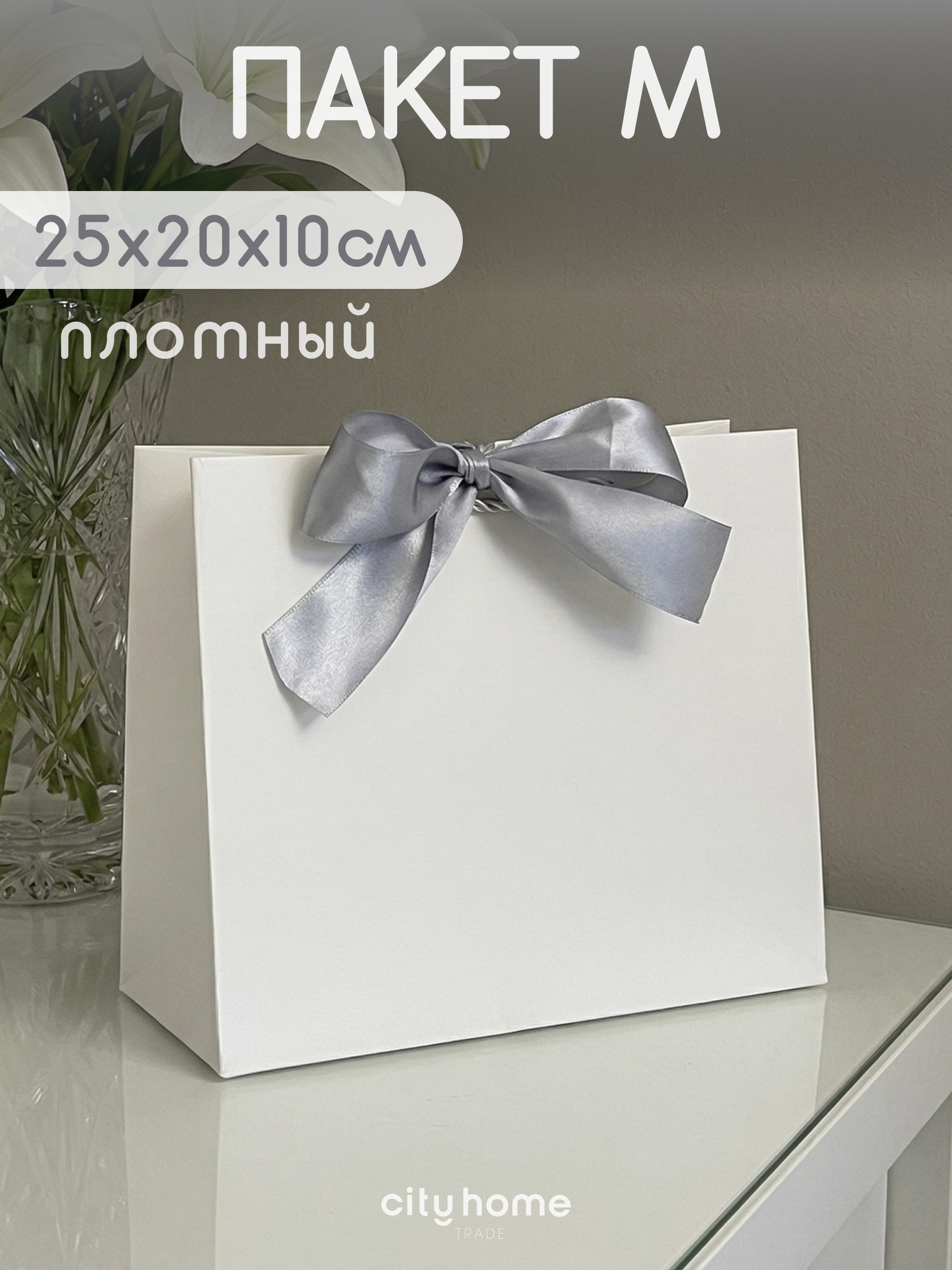 Подарочный пакет горизонтальный однотонный белый с бантом, 25x20x10 см