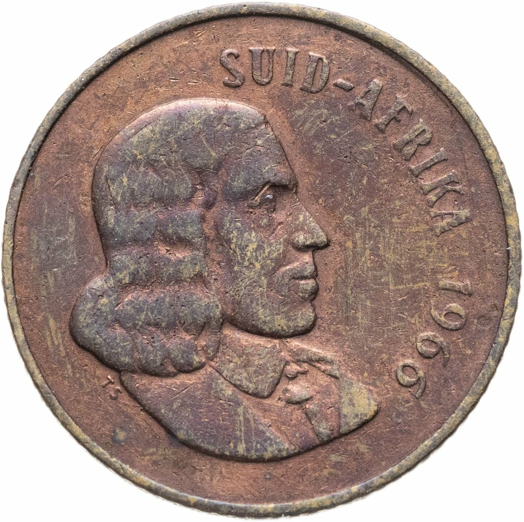 ЮАР 2 цента cents 1966 Надпись на языке африкаанс - "SUID-AFRIKA", Бронза, в сохранности VF