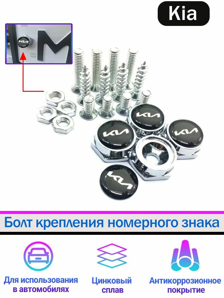Болты крепления номера Kia — цинковый сплав, антикоррозийная защита, с декоративными колпачками, универсальные.