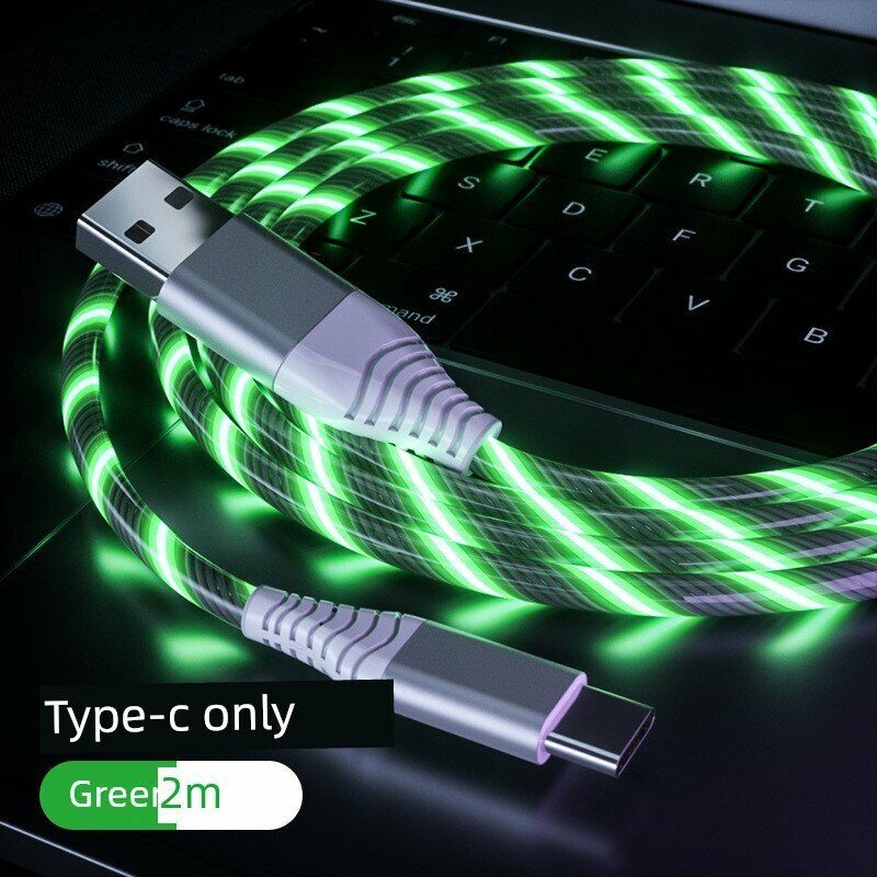 2M USB-C Светящийся Кабель с Зеленым Светодиодным Светом