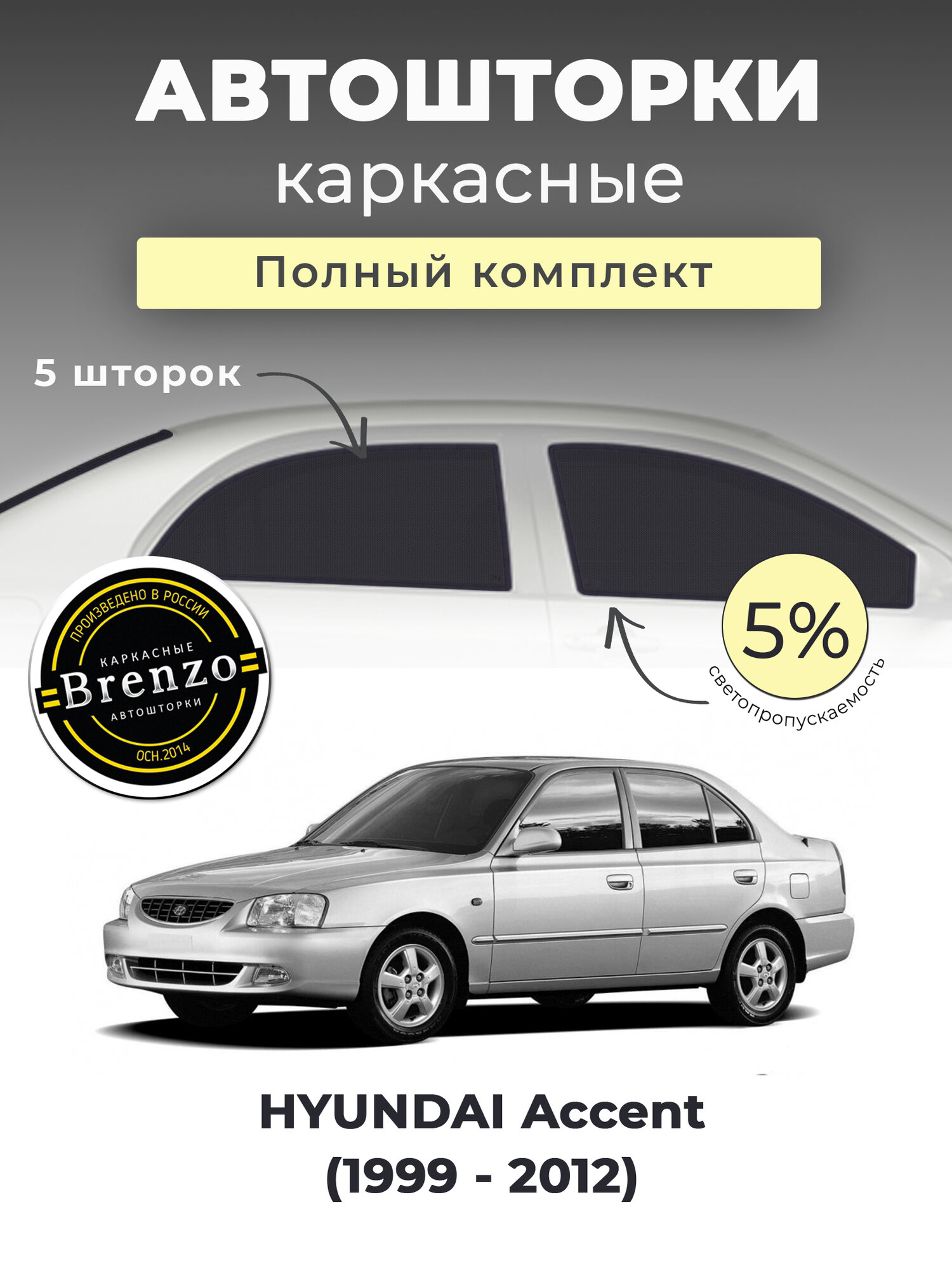 Каркасные шторки HYUNDAI Accent (1999 - 2012) полный комплект 5%, сетки от солнца в машину