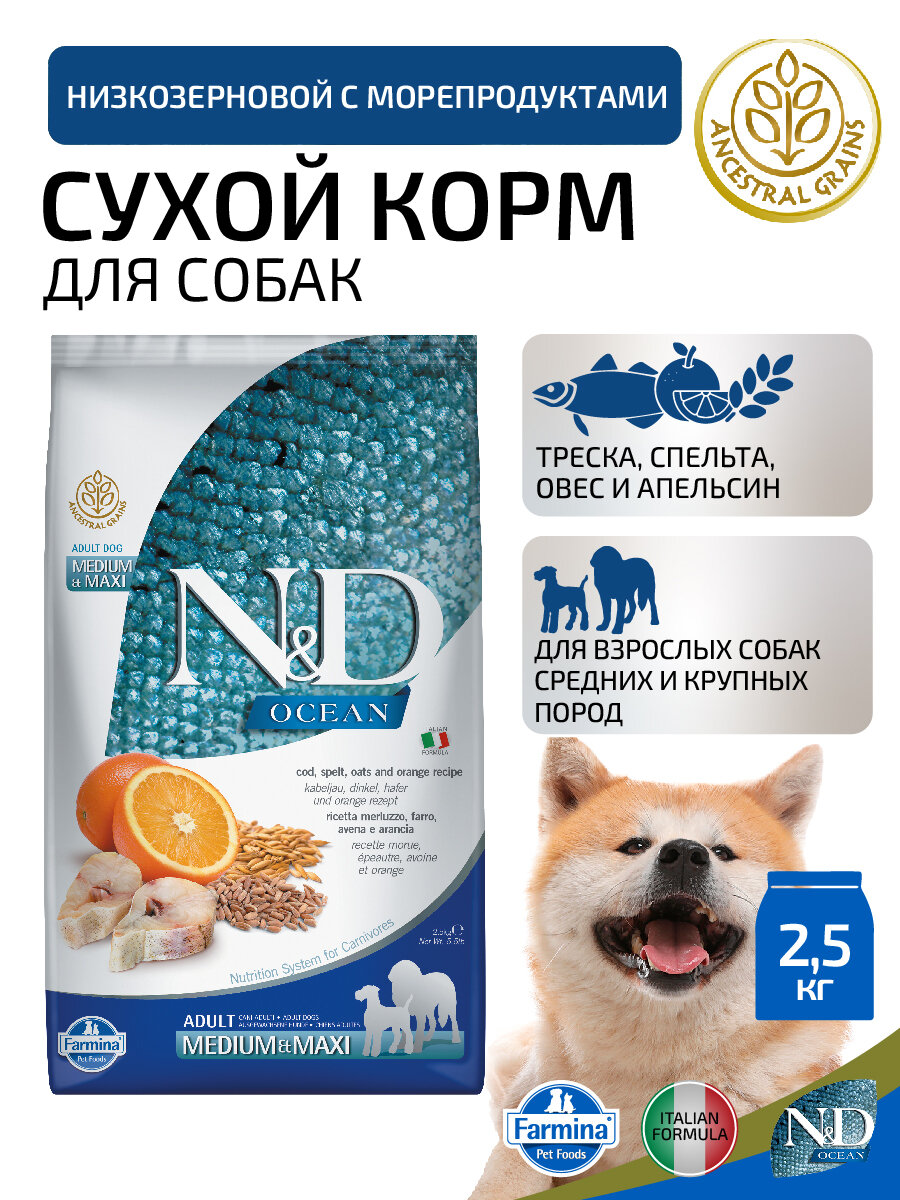Сухой низкозерновой корм Farmina N&D Ancestral Grain Dog OCEAN Medium&Maxi для взрослых собак средних и крупных пород, треска, спельта, овес, апельсин, 2,5 кг