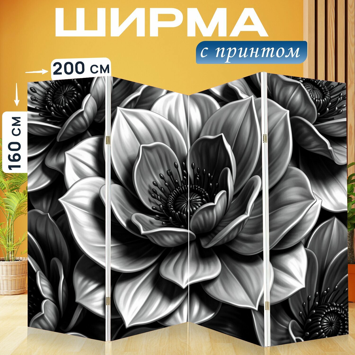 Ширма "Черно-белые крупные цветы. Монохромная ботаническая композиция с пышными лепестками и детализированными." перегородка для зонирования комнаты с принтом 200x160 см. на холсте