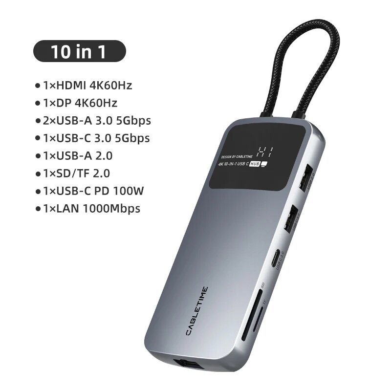 CABLETIME USB-C хаб 10 в 1 4K 60HZ MST