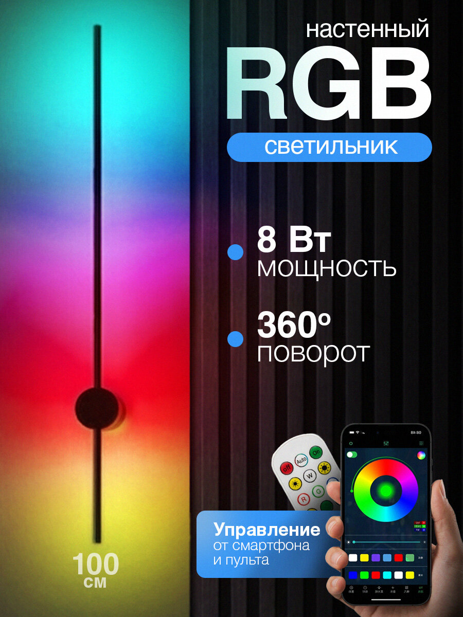 Светодиодный поворотный настенный светильник с пультом Nine-2 1000 черный матовый, 20W, RGB, разноцветный, бра