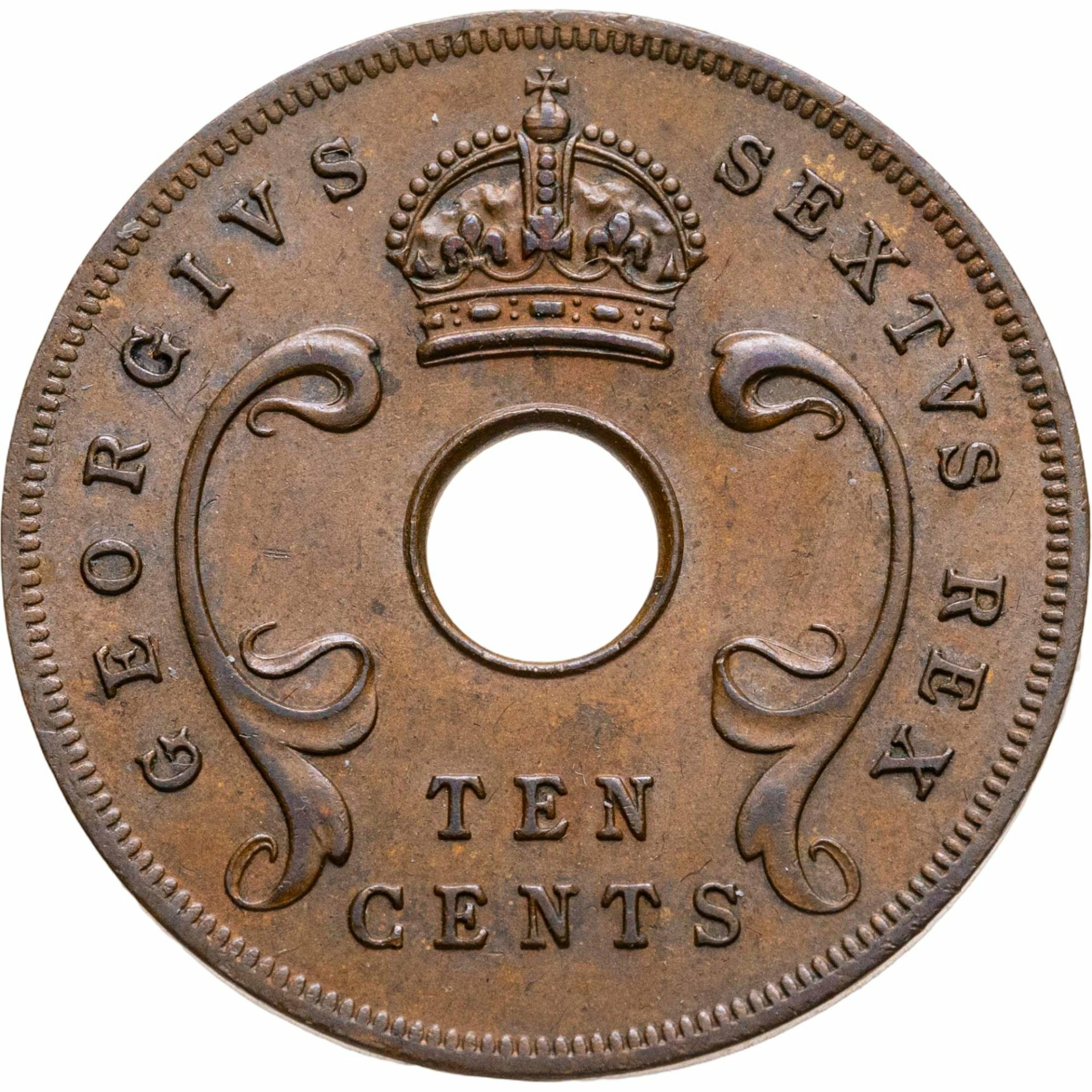 Британская Восточная Африка 10 центов cents 1952 без обозначения монетного двора, Бронза, в сохранности XF-AU