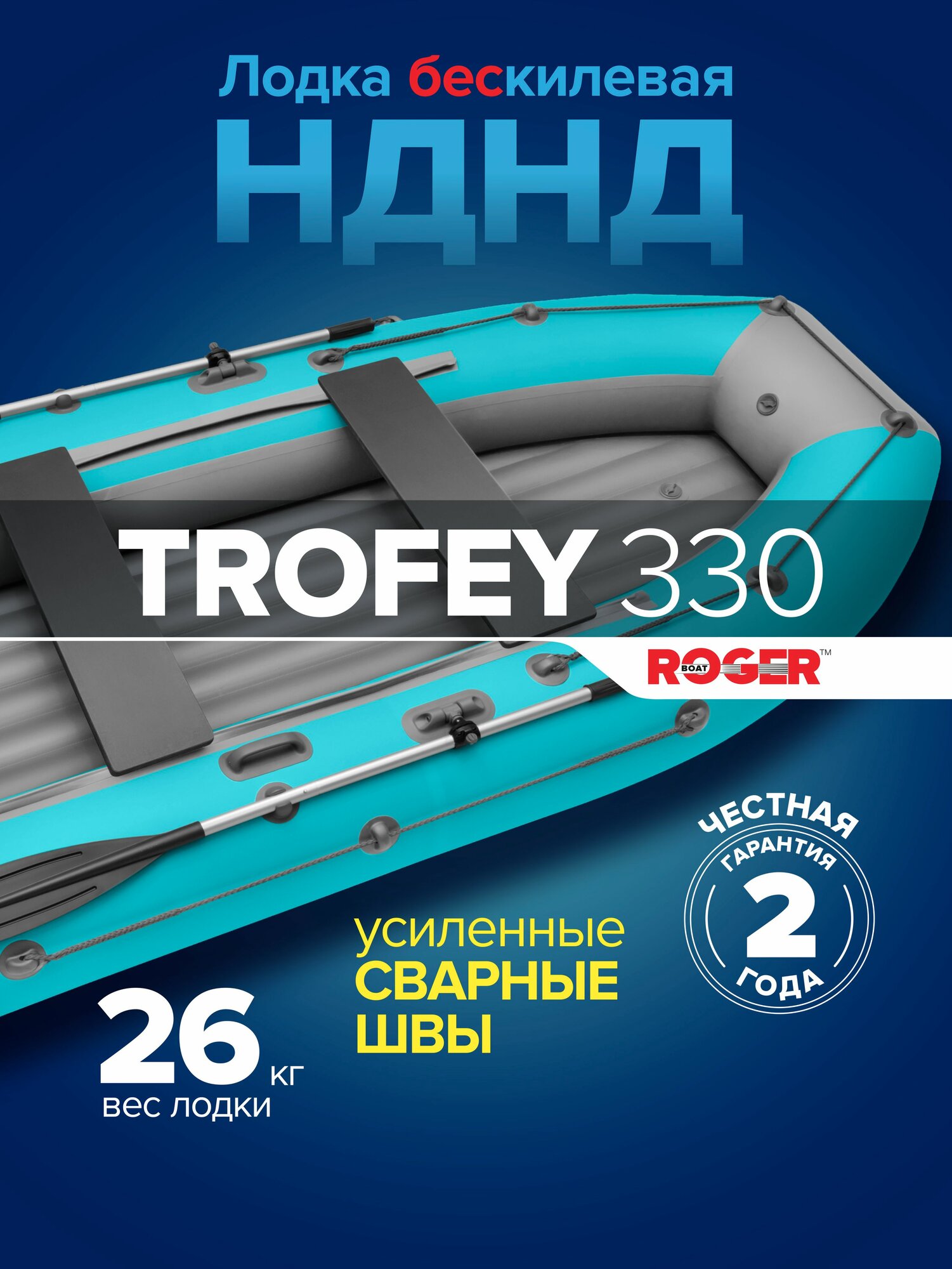 Лодка ПВХ под мотор НДНД ROGER Trofey 330, лодка надувная для рыбалки роджер (бирюзовый серый)