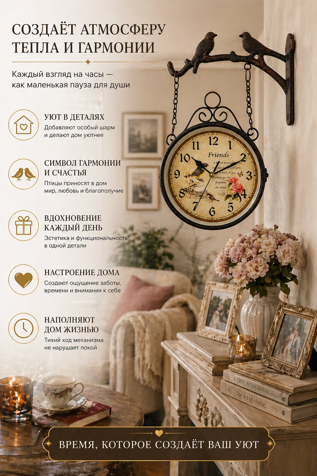 Часы на стену двухсторонние Птицы металл коричневый Casaentera 24х8.5х40 см CE12-1963249