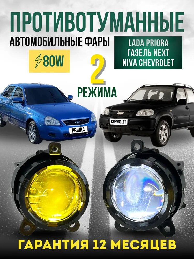 Туманки LED на авто / Противотуманные фары Приора, Нива Шевроле, Газель NEXT / Светодиодные ПТФ белый свет / Комплект 2 шт