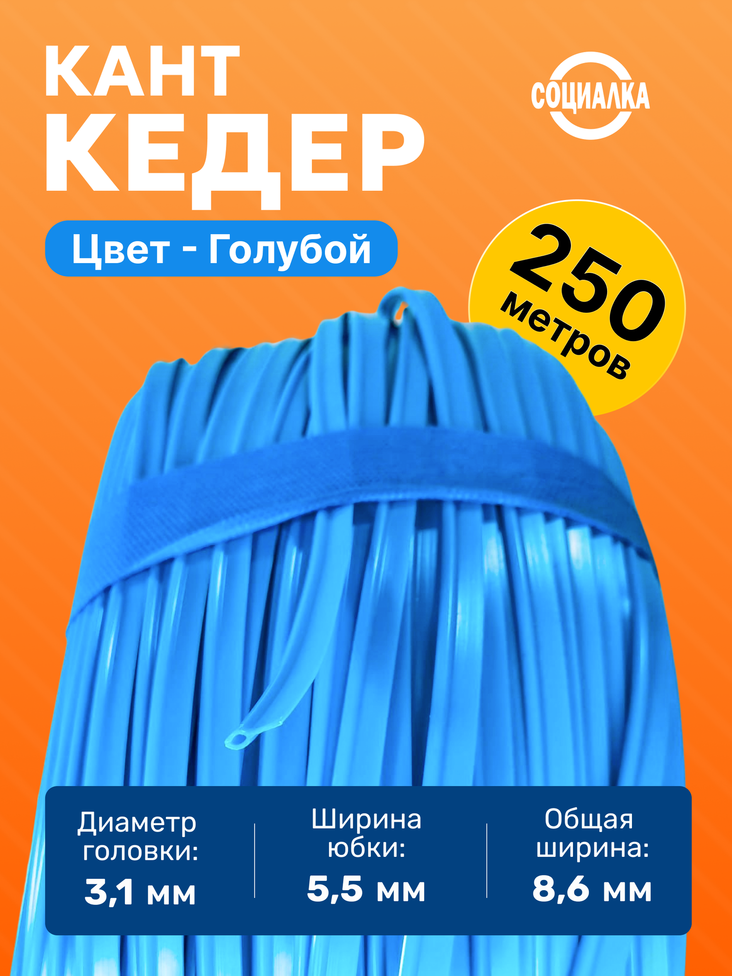 Кедер (кант, жилка) для сумок, авточехлов и одежды, намотка 250м, голубой/размер: ширина головки 3,1мм; длина юбки 5.5мм