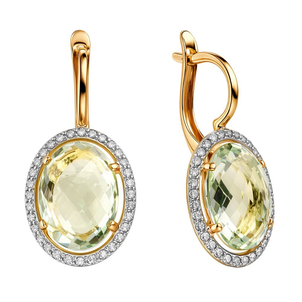 Серьги, красное золото, 585 проба, родирование, фианит, празиолит