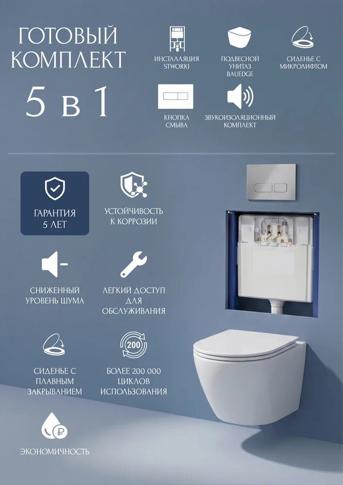 Комплект 5 в 1 Унитаз подвесной Bauedge BL0001-HQ3 / Инсталляция с кнопкой STWORKI Кронборг S28500CR / Крышка-сиденье, Комплект шумоизоляции