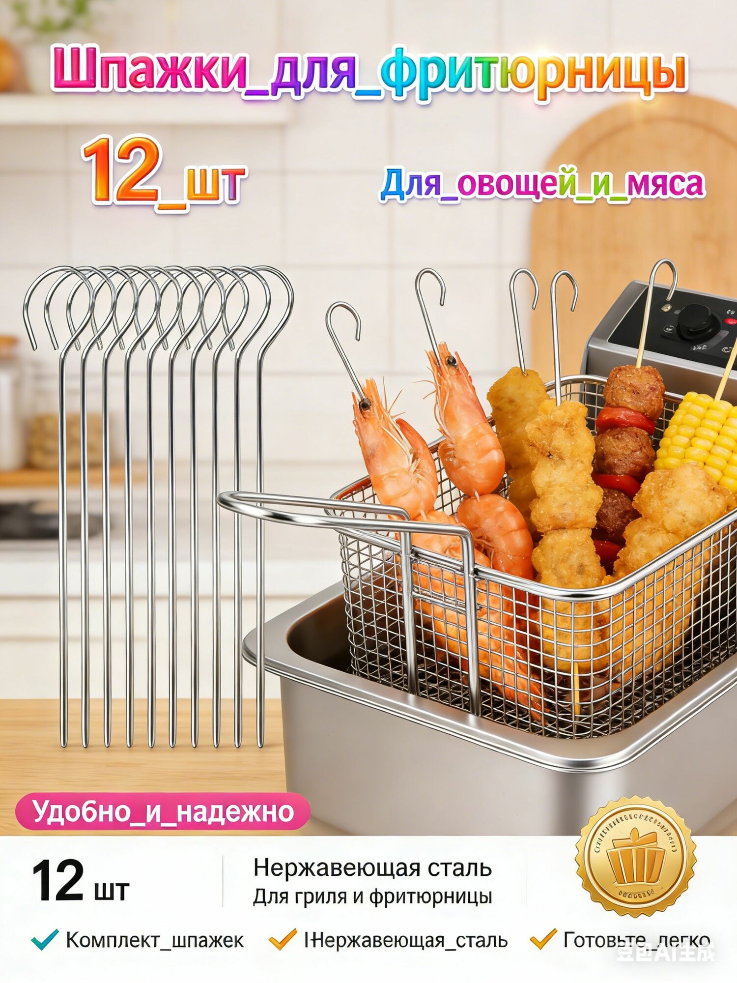 Шпажки для фритюрницы 12 шт, набор из нержавеющей стали для гриля, BBQ-шашлыков, овощей и мяса, аксессуар для аэрогриля и духовки