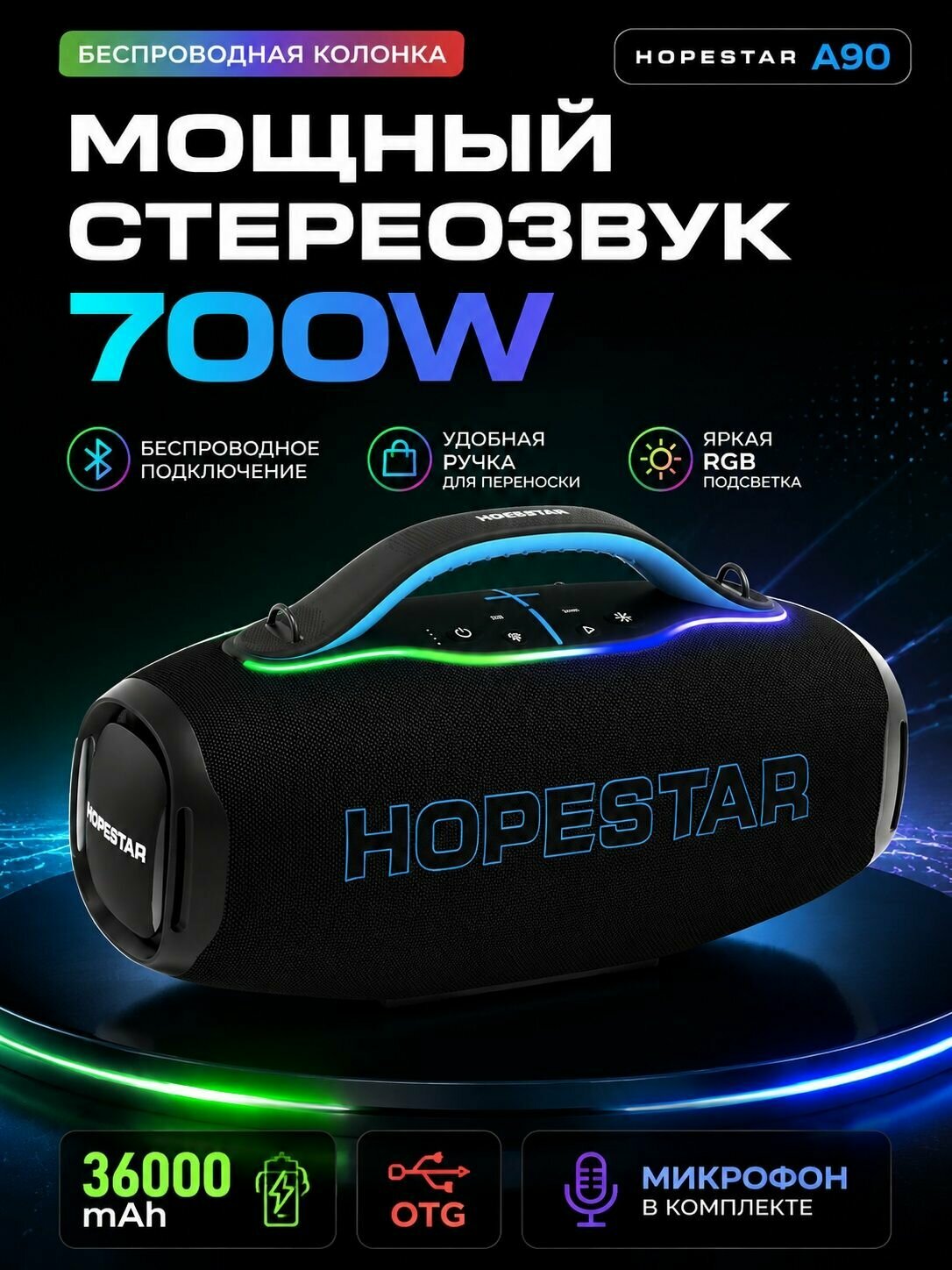 Беспроводная Premium Bluetooth колонка HOPESTAR A90 (700W) - для вечеринок и развлечений с микрофоном