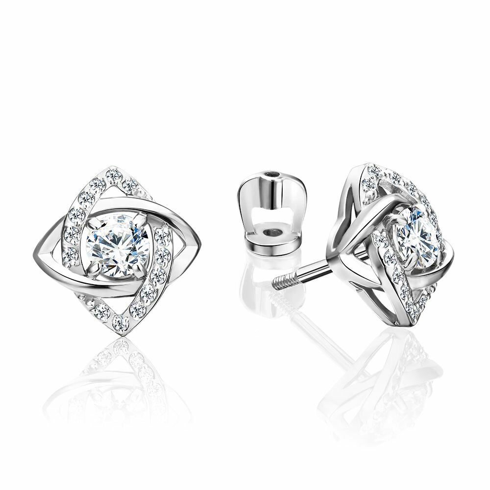 Серьги пусеты PLATINA, белое золото, 585 проба, родирование, фианит