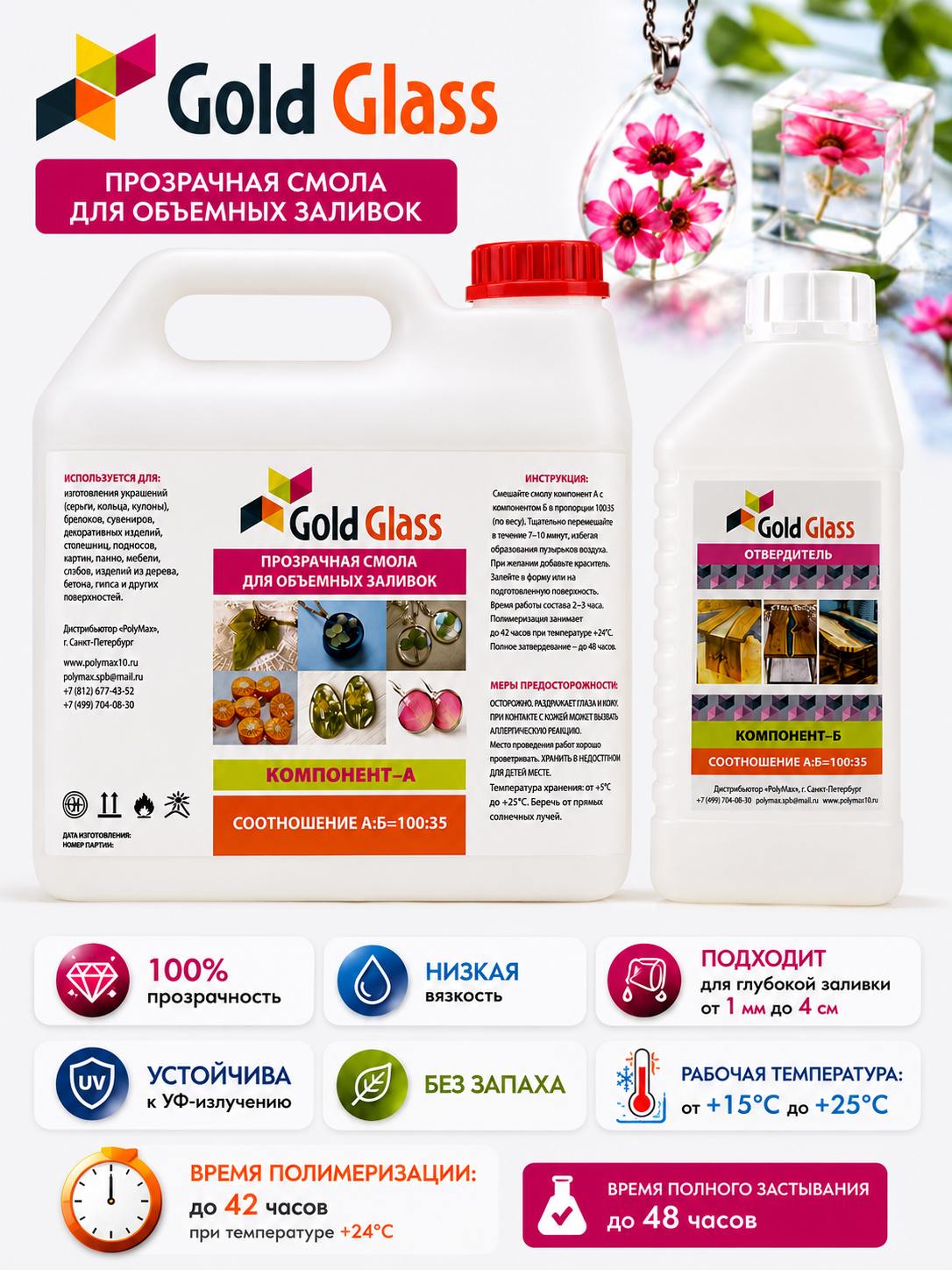 Прозрачная эпоксидная смола Gold Glass 4 кг. с рекомендуемой толщиной заливки до 4 см.