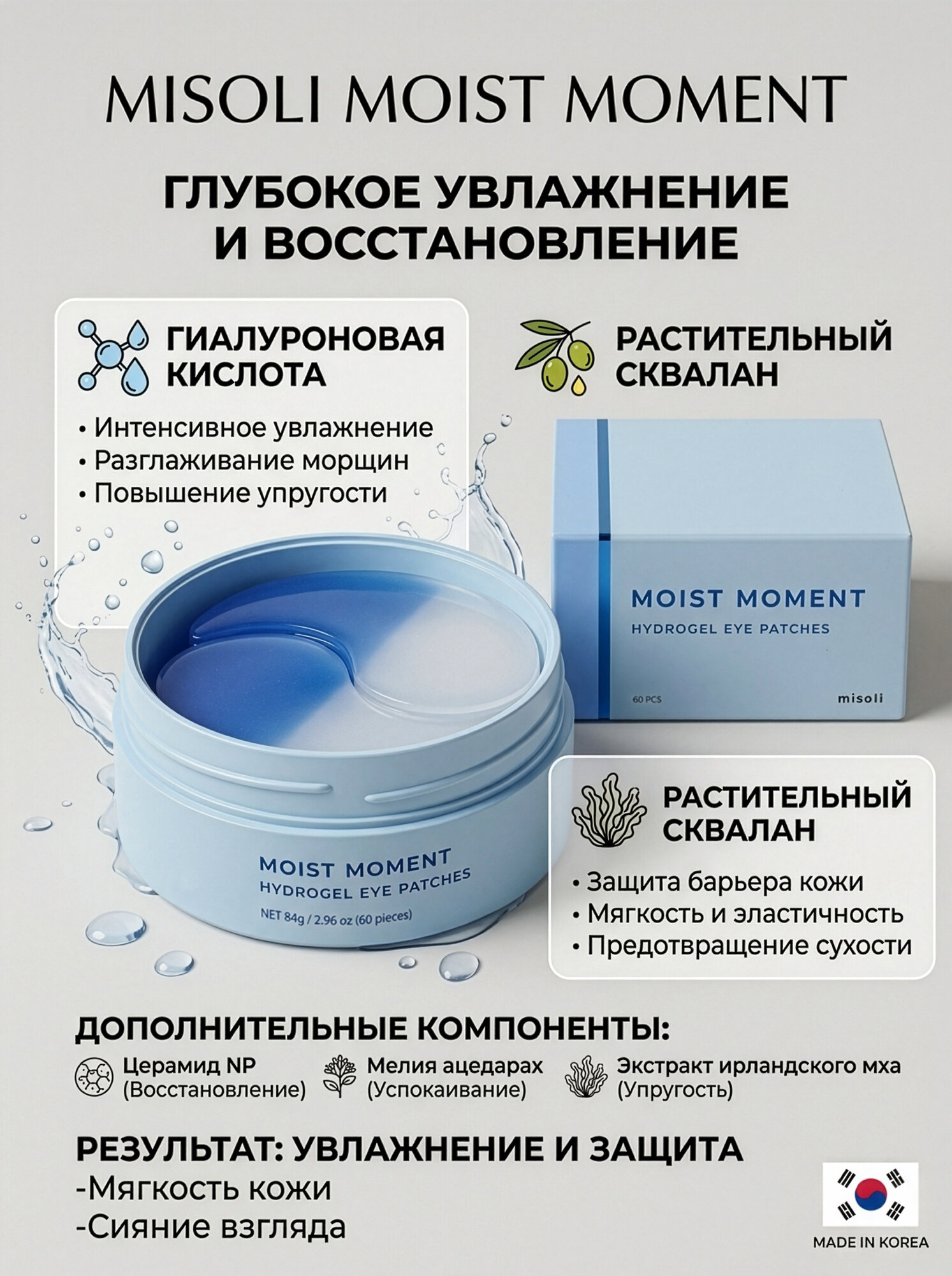 Корейские гидрогелевые патчи Misoli Moist Moment с гиалуроновой кислотой, скваланом и церамидами