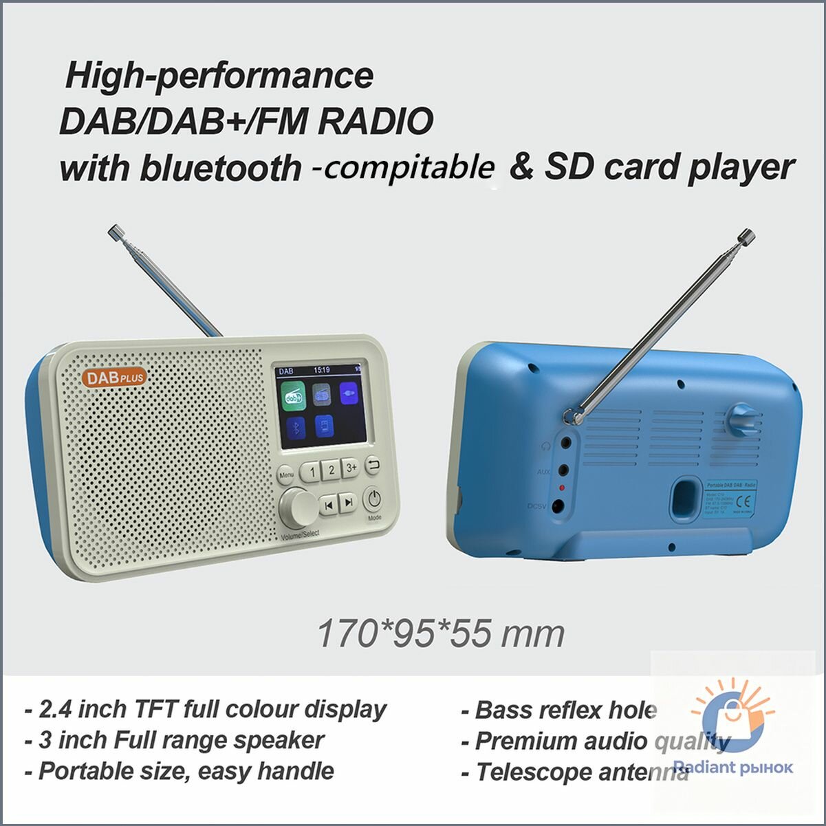 Портативный DAB радиоприемник C10 с FM, 2,4 дюйма, Bluetooth 5.0, регулируемый EQ, многорежимная работа