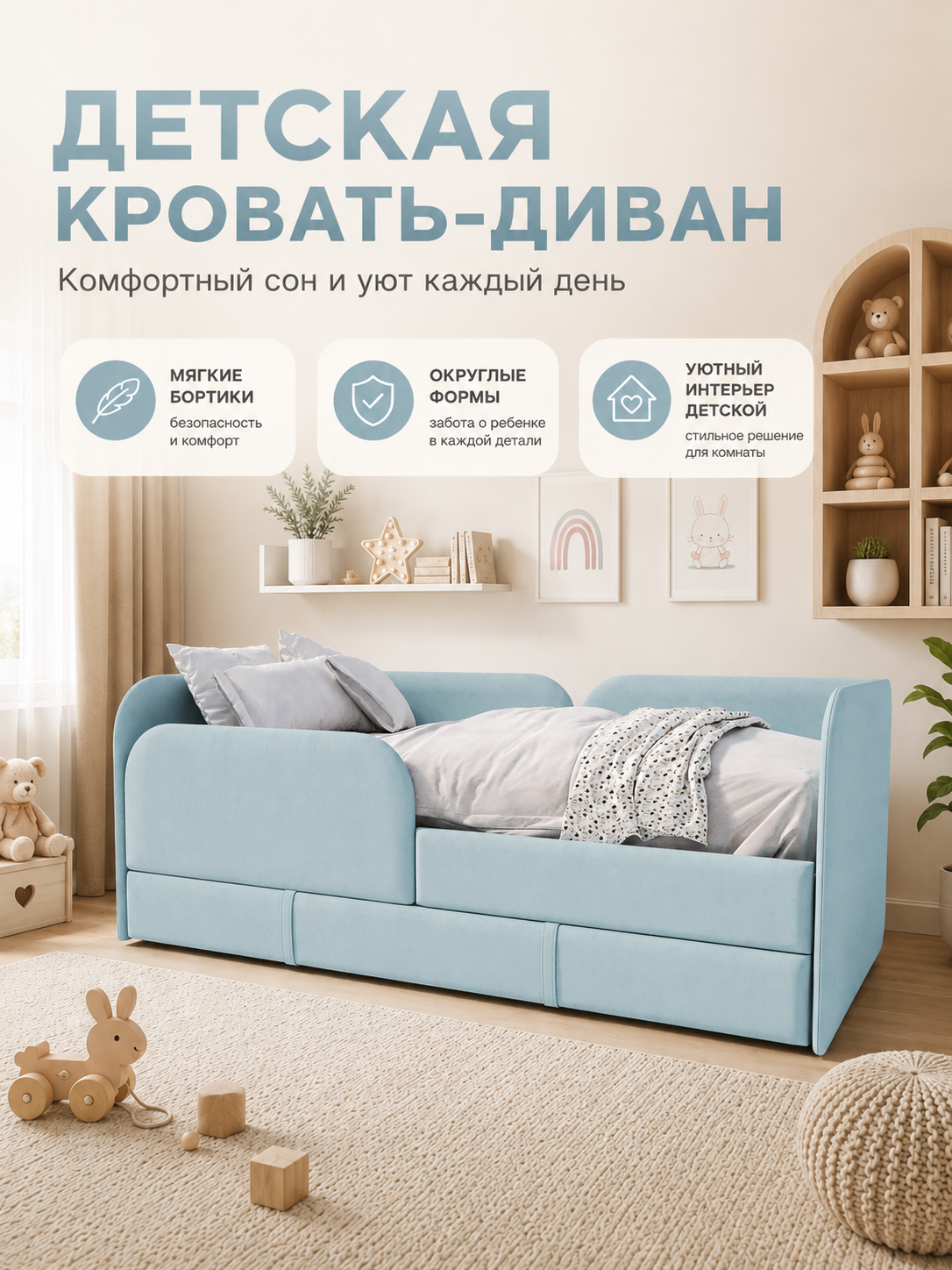 Кровать детская 160х80 см с матрасом и ящиками (скругленная)