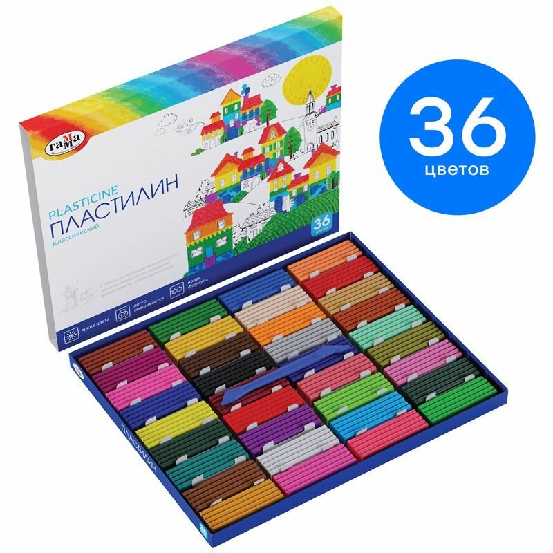 Пластилин для школы Гамма "Классический", 36 цветов, 720г, со стеком