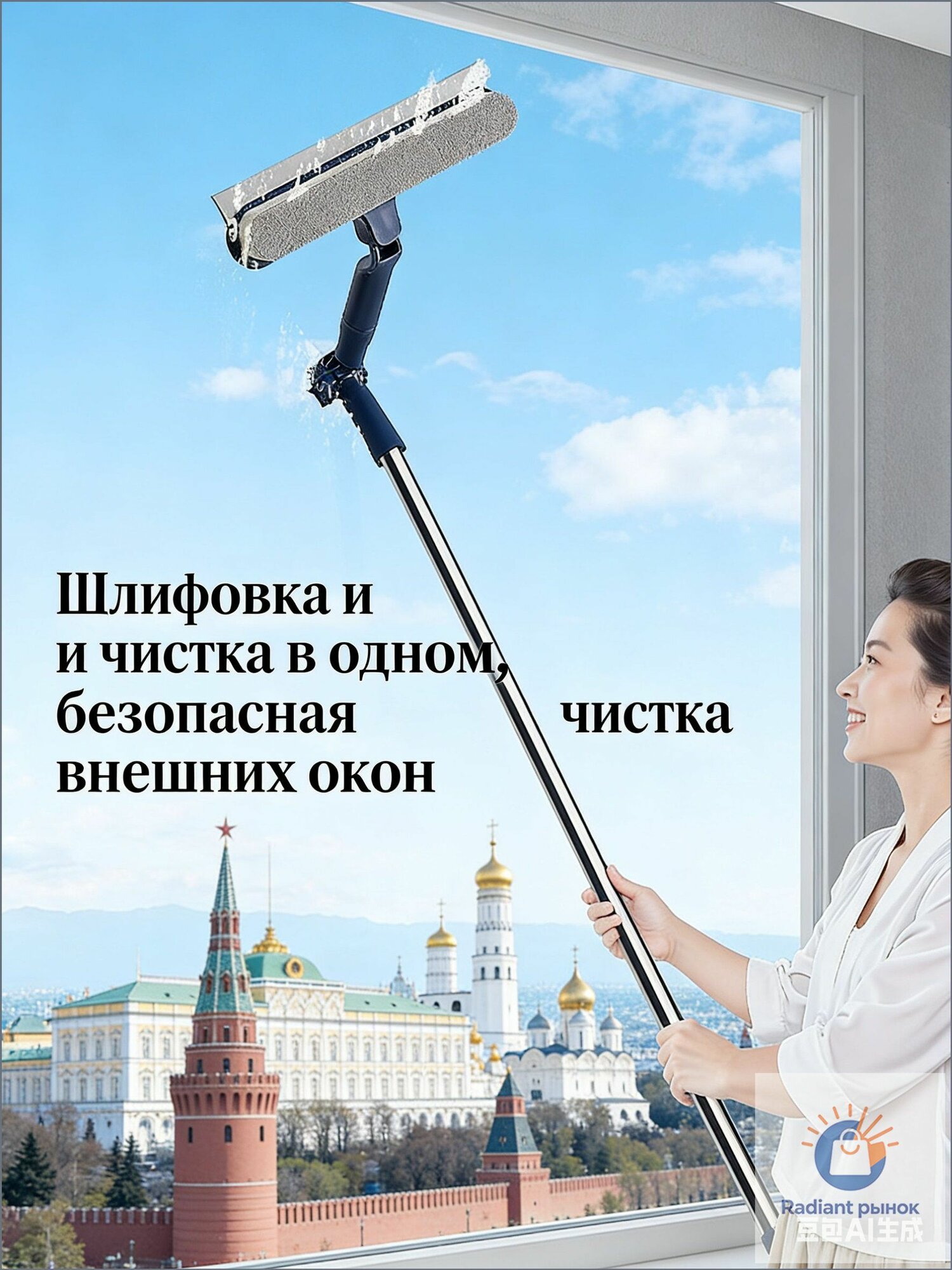 Качественный универсальный скребок для мытья окон, длиной 88 см, предназначен для высотных этажей и домашнего применения, используется как двухсторонний очиститель в комплекте уборочных инструментов.