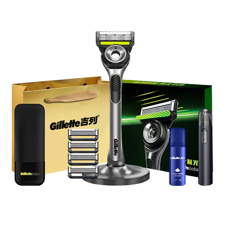 Подарочный набор для бритья мужской Gillette Aurora, Aurora Magnetic Box with 1 Knife Rack, 4 Blade Heads, Shaving Foam, Nose Hair Trimmer+Gillette Exclusive Shopping Bag