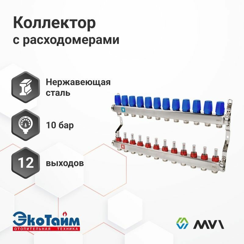 Коллектор MVI из нержавеющей стали в сборе с расходомерами 12 выходов / контуров / отводов