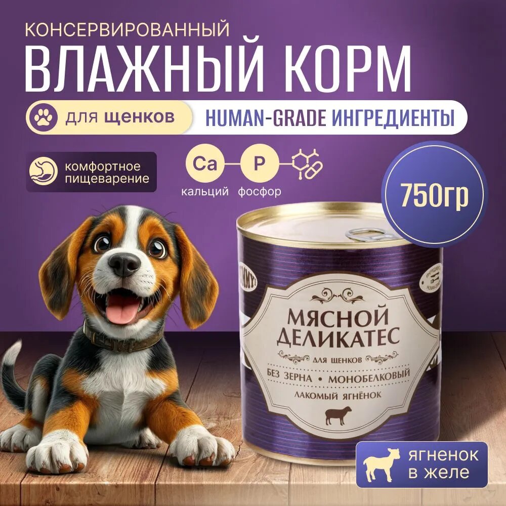 Yummy Мясной Деликатес Влажный корм для щенков Ягненок натуральный в желе 750г