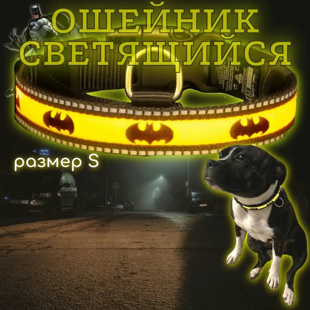 Buckle-Down Ошейник Бэтмен для собак, светящийся, желтый, S (23-38 см)