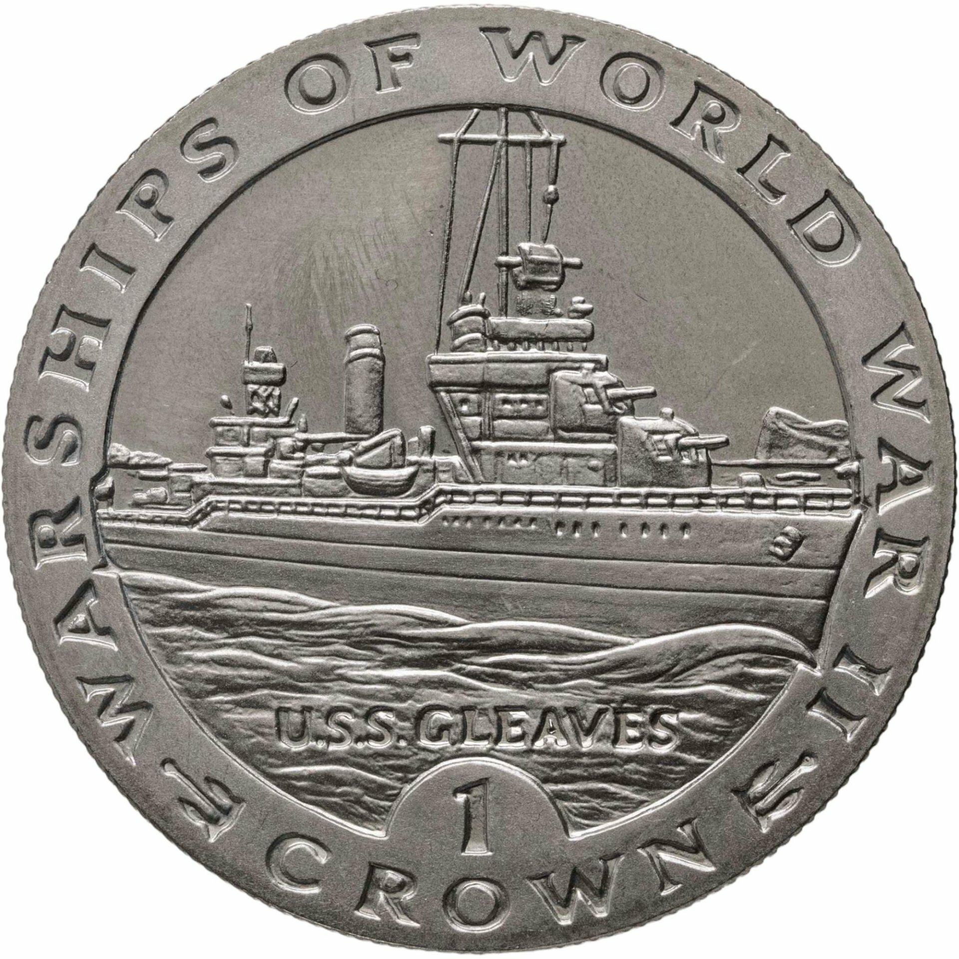 Гибралтар 1 крона 1993 "Корабли Второй мировой войны - USS GLEAVES", Мельхиор медь-никель, в сохранности UNC