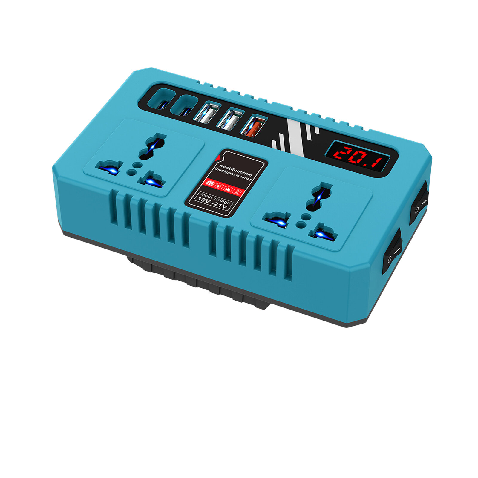 Автомобильный инвертор 18-21В, две розетки и USB-порты,
