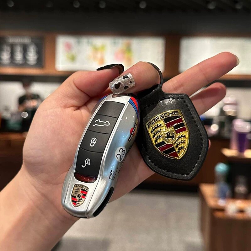 Ключевой брелок Porsche Mantini стиль одиночный чехол с черным щитом и кожаным замком для Macan, 718, Panamera, 911,