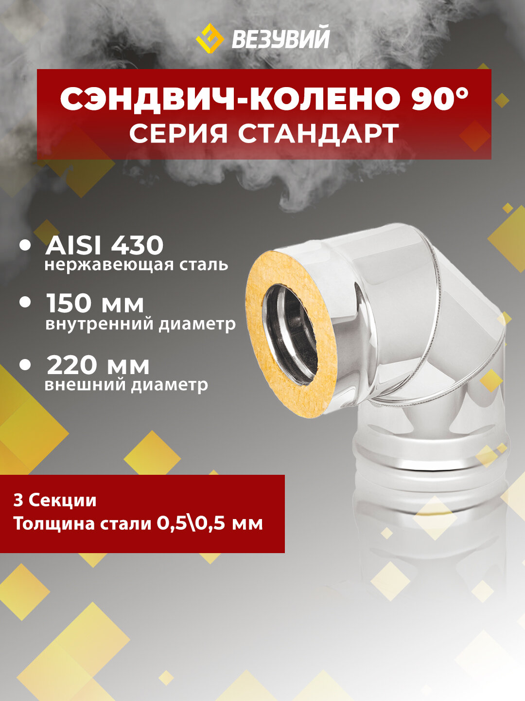 Везувий Сэндвич-колено для Дымохода Оц+Нерж стандарт (AISI 430/0,5 мм) 3 секции, угол 90*, д. 150х220 мм