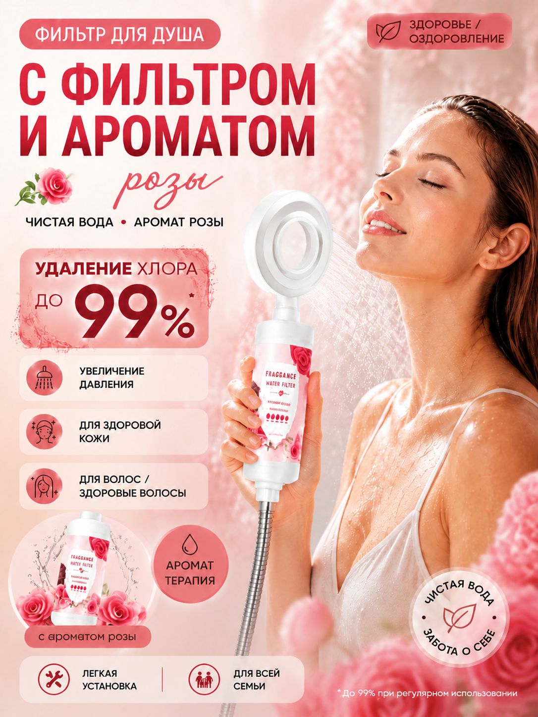 Фильтр для душа аромат роза, очистка воды от хлора до 99%, повышение напора воды, ароматерапия, простая установка, для всей семьи, уход за кожей и волосами