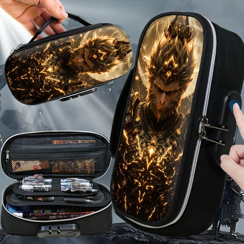 Пенал Black Myth: Wukong с кодовым замком для мальчиков, четырехслойный портативный пенал, грязеотталкивающий,